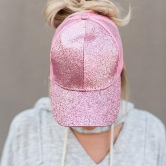 Accessories | Pink Glitter Messy Bun Baseball Cap | Poshmark